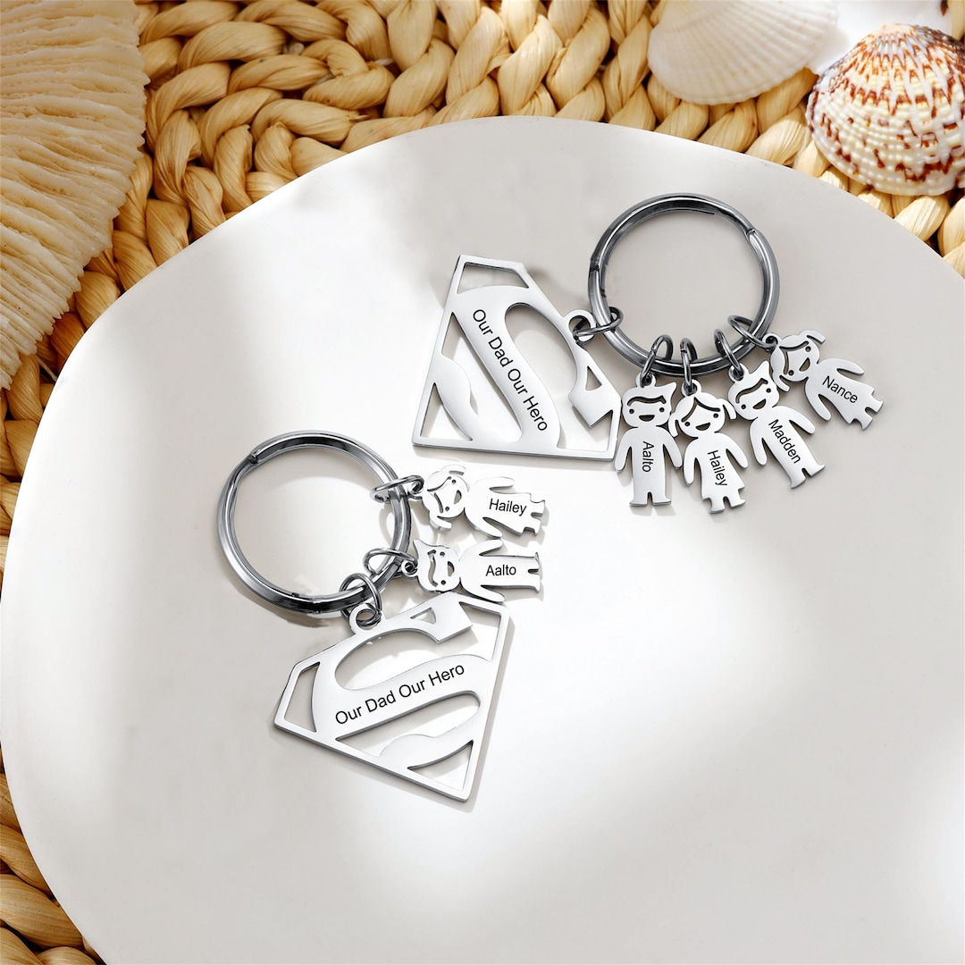 Custom 1-6 Names Keychain for Dad , Our Daddy Our Hero Logo, Kids Charm ...