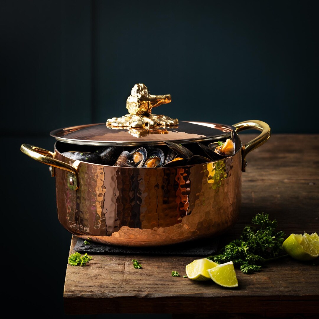 Handcrafted Copper Casserole Pot With Bronze Broccoli Lid, Includes ...