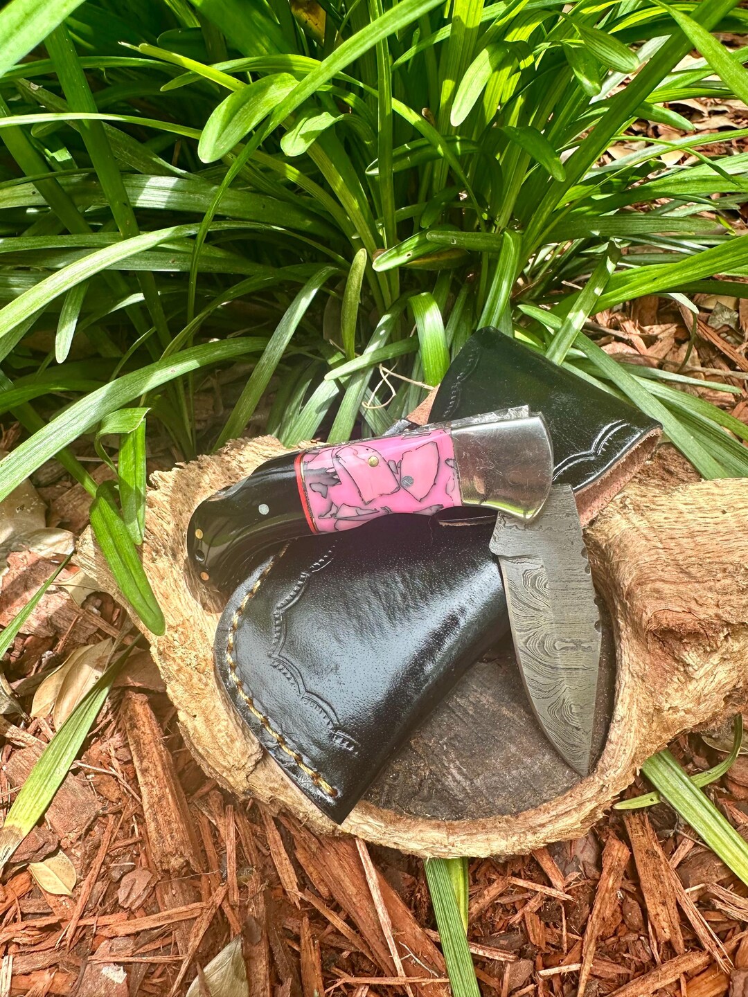 Damascus Folding Knife, Handcrafted, Pink and Black, Gift for Her ...