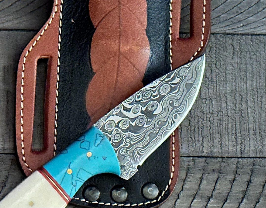 Damascus Steel Fixed Blade Knife, Water Buffalo Bone Handle, Turquoise ...