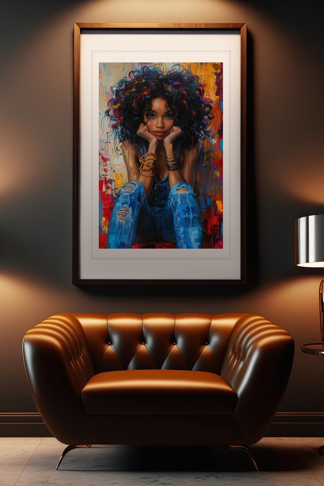 Abstract Wall Art ,beautiful Woman With Curly Hair Sitting With Hands ...