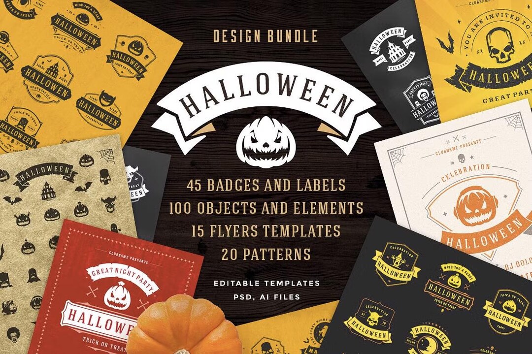 Halloween Design Bundle - Badges, Logos, Flyers, Patterns (digital ...