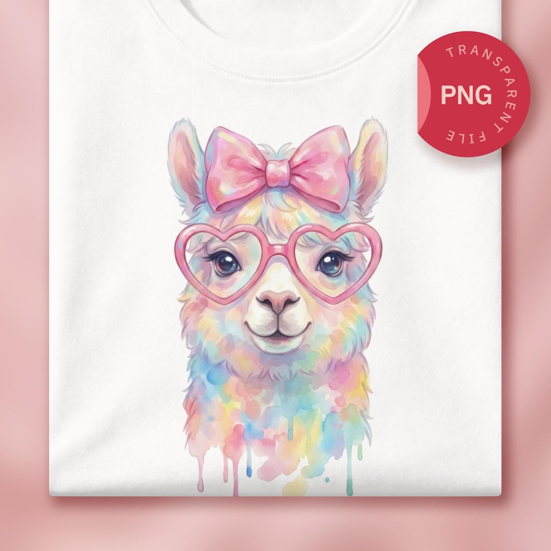 Cute Llama Watercolor PNG, Rainbow Alpaca With Glasses, Sublimation ...