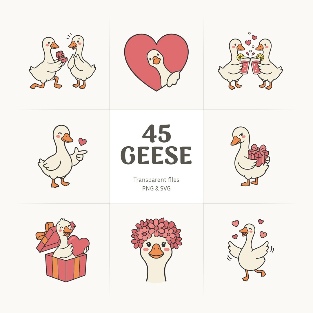 Cute Goose Clipart SVG, 45 Valentine's Day Geese Illustrations ...