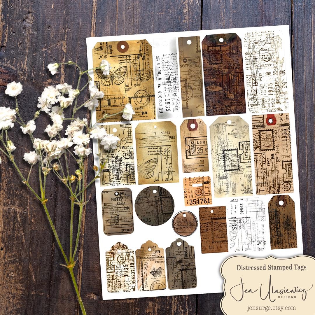 Distressed Stamped Tags Digital Collage Sheet for Crafts / Junk Journal ...