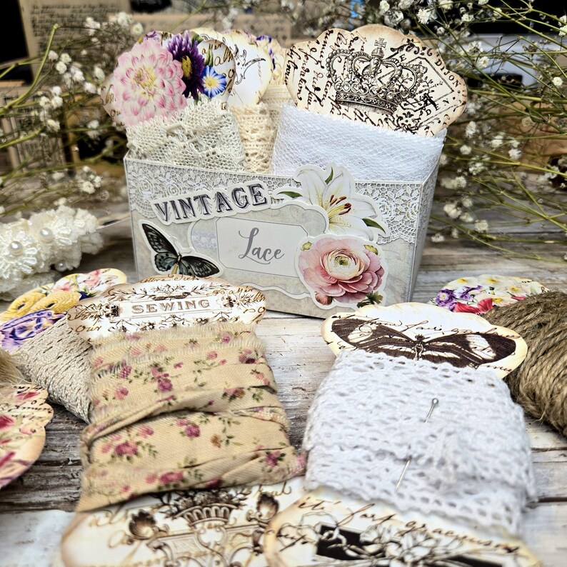 Vintage Spool Cards Printable: Lace, Ribbon & String Storage (digital ...