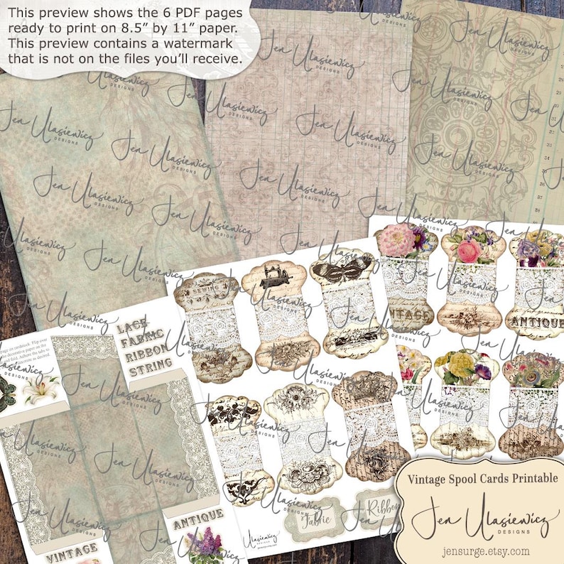 Vintage Spool Cards Printable: Lace, Ribbon & String Storage (digital ...