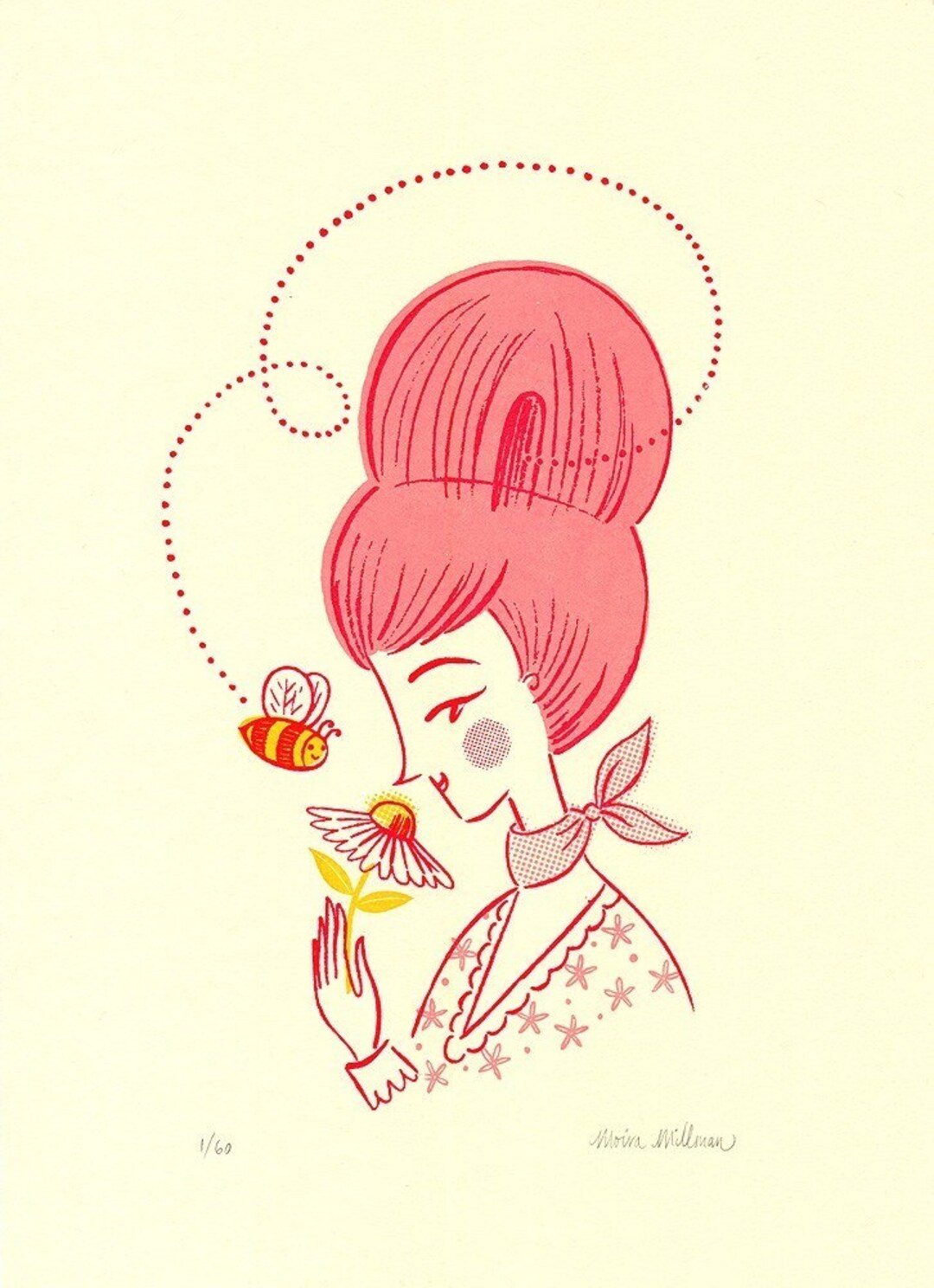 Miss Beehive Limited Edition Gocco Screenprint 1950s Style Illustration ...