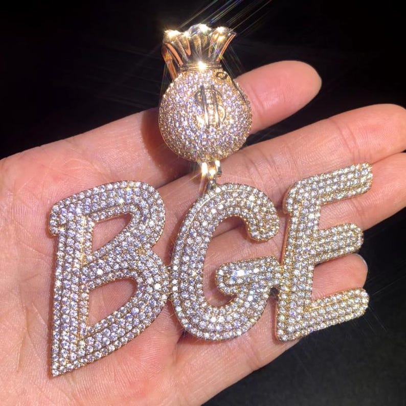 Custom Iced Out Zircon Initial Pendant With Money Bag Bail - Etsy