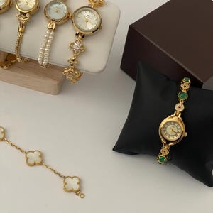 Vintage-inspired Gold Bracelet Watch With Green Stone & Crystal Accents ...