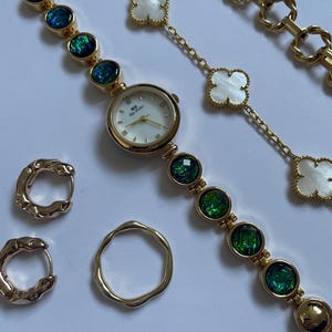 Gold Watch With Holographic Green and Blue Gemstones and a Handmade ...