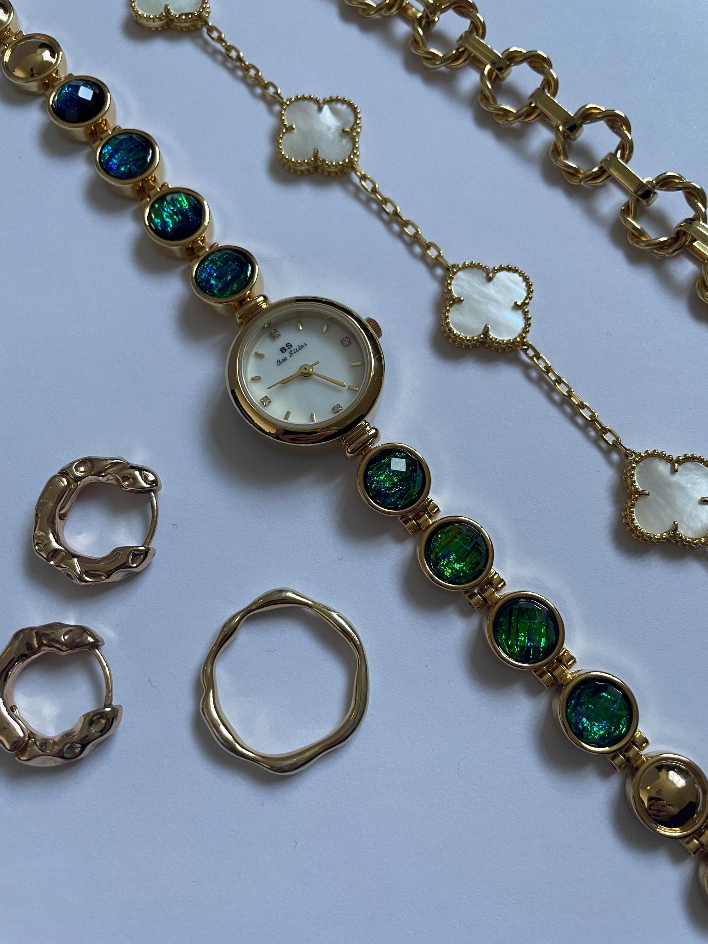 Gold Watch With Holographic Green and Blue Gemstones and a Handmade ...
