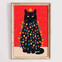 Funny Black Cat Christmas Lights Art, Winter Holiday Decor Poster - Etsy