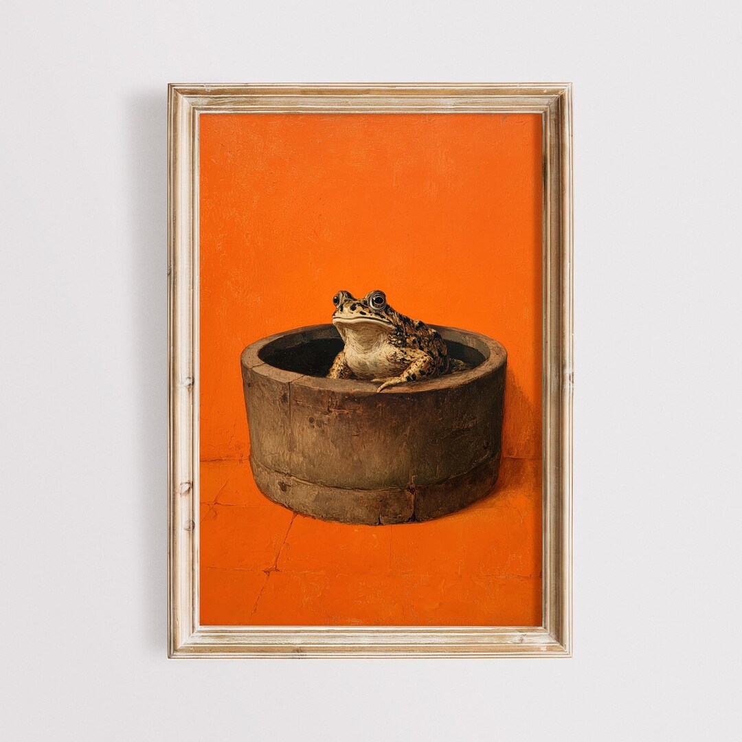 Vintage Frog Art Print: Moody Gothic Toad, Orange Background (digital ...