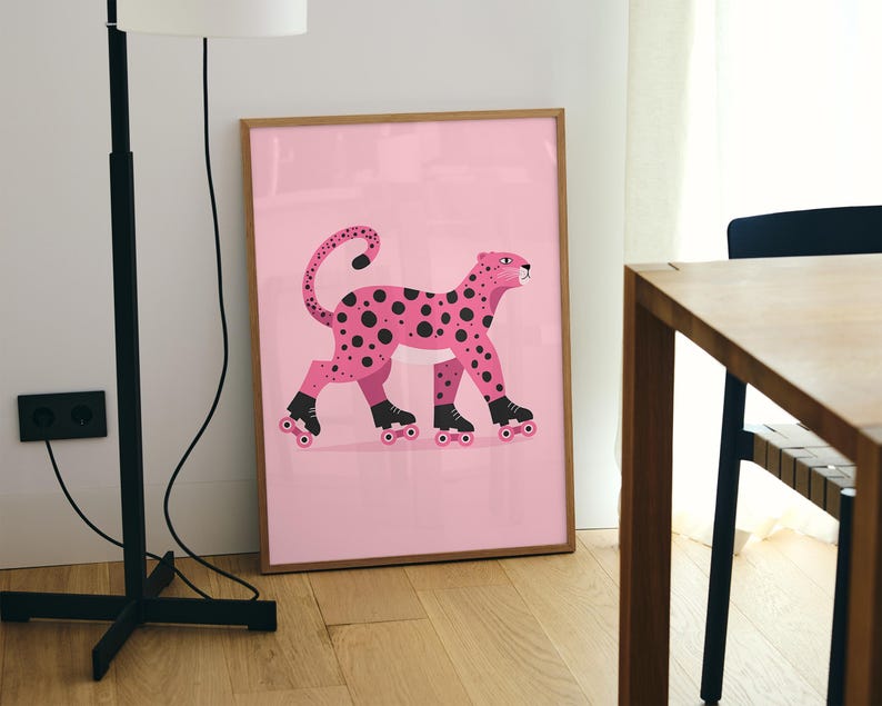 Pink Leopard Roller Skating Print: Preppy Dorm Wall Art Girl Room ...