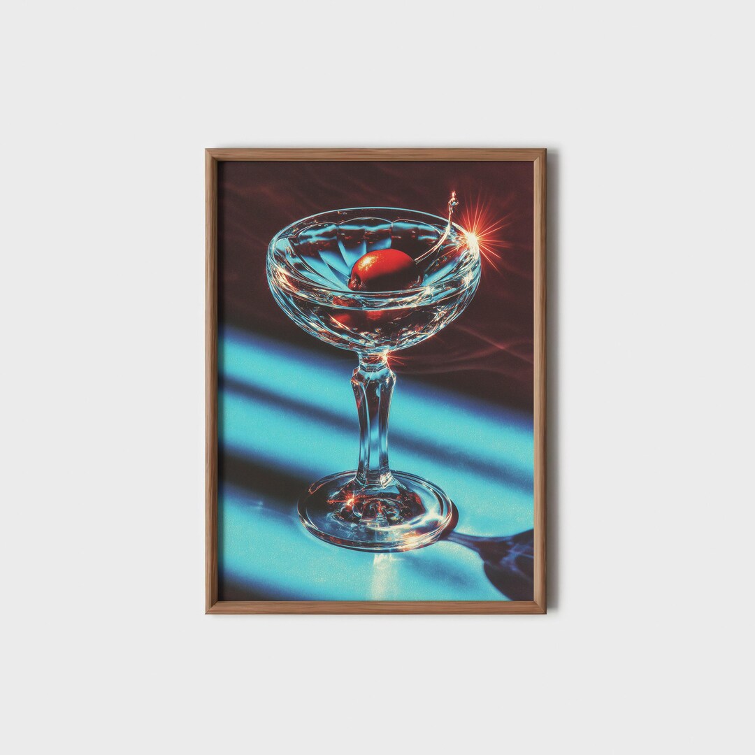 Retro Cocktail Glass Print | Sparkling Cherry Coupe Poster Bar Art ...