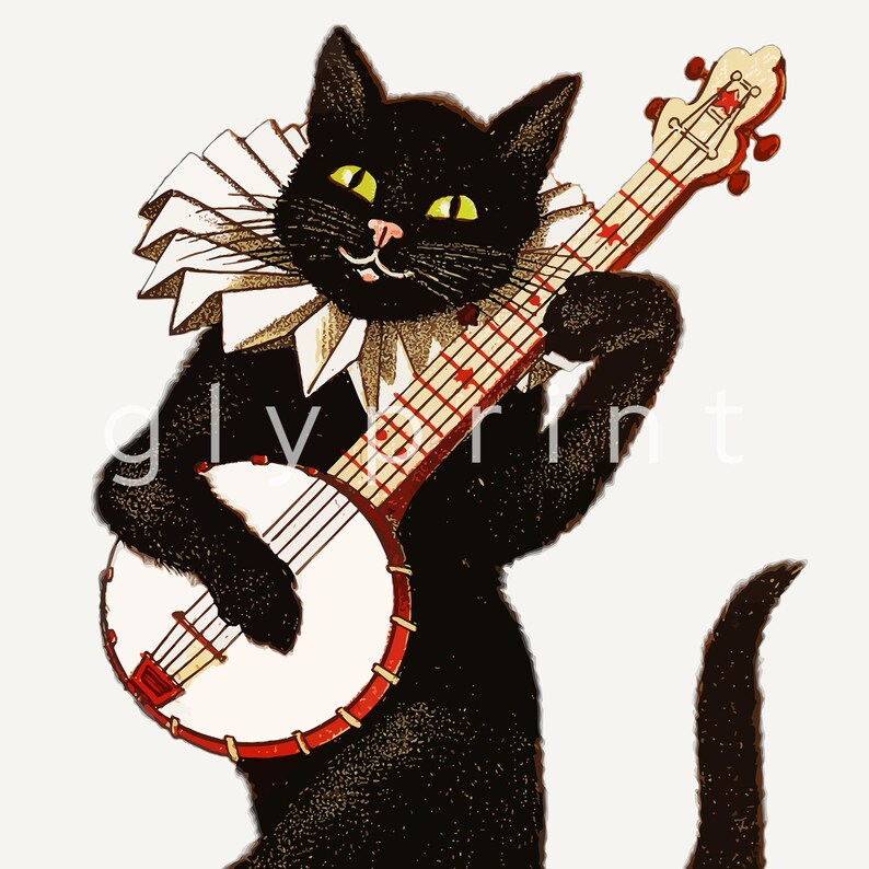 Funny Black Cat "nine Lives" Art Print | Gothic Banjo Cat (digital ...