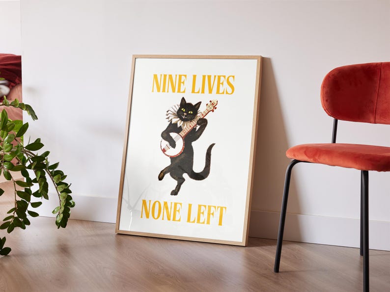 Funny Black Cat "nine Lives" Art Print | Gothic Banjo Cat (digital ...