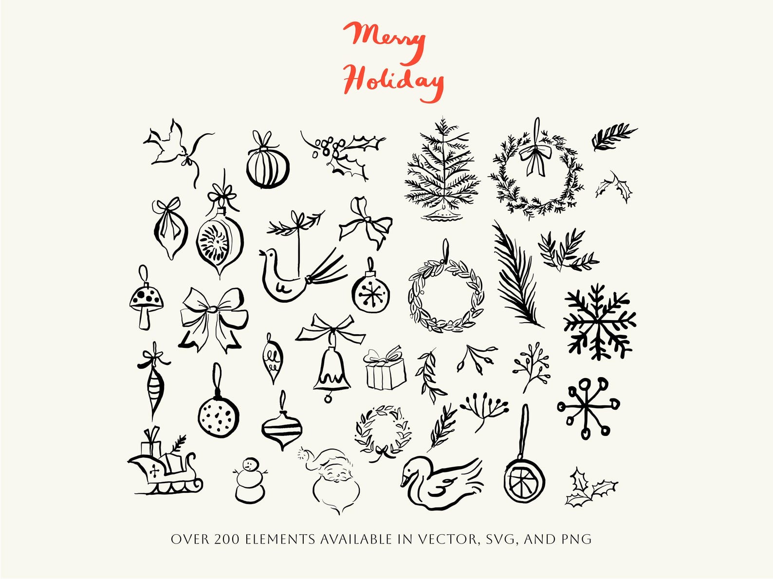 Hand Drawn Lineart Christmas Clipart Bundle, Christmas Invitations ...