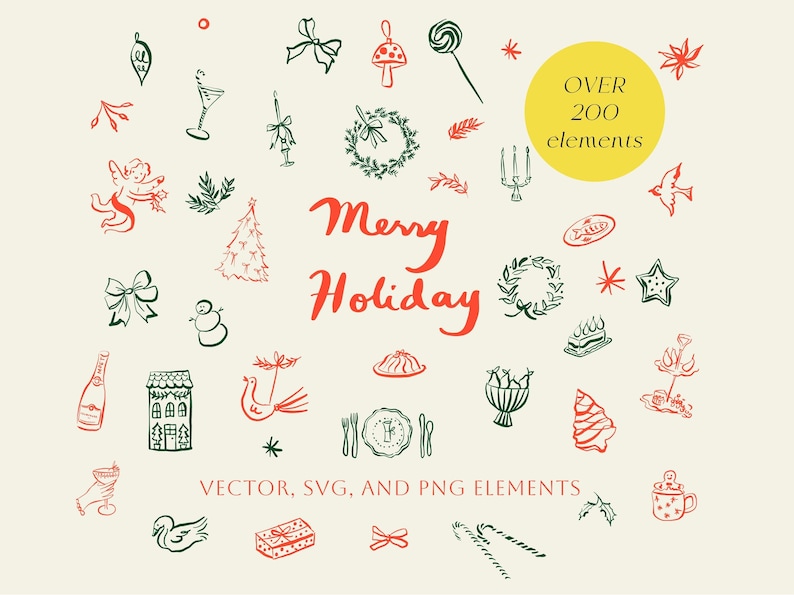 Hand Drawn Lineart Christmas Clipart Bundle, Christmas Invitations ...