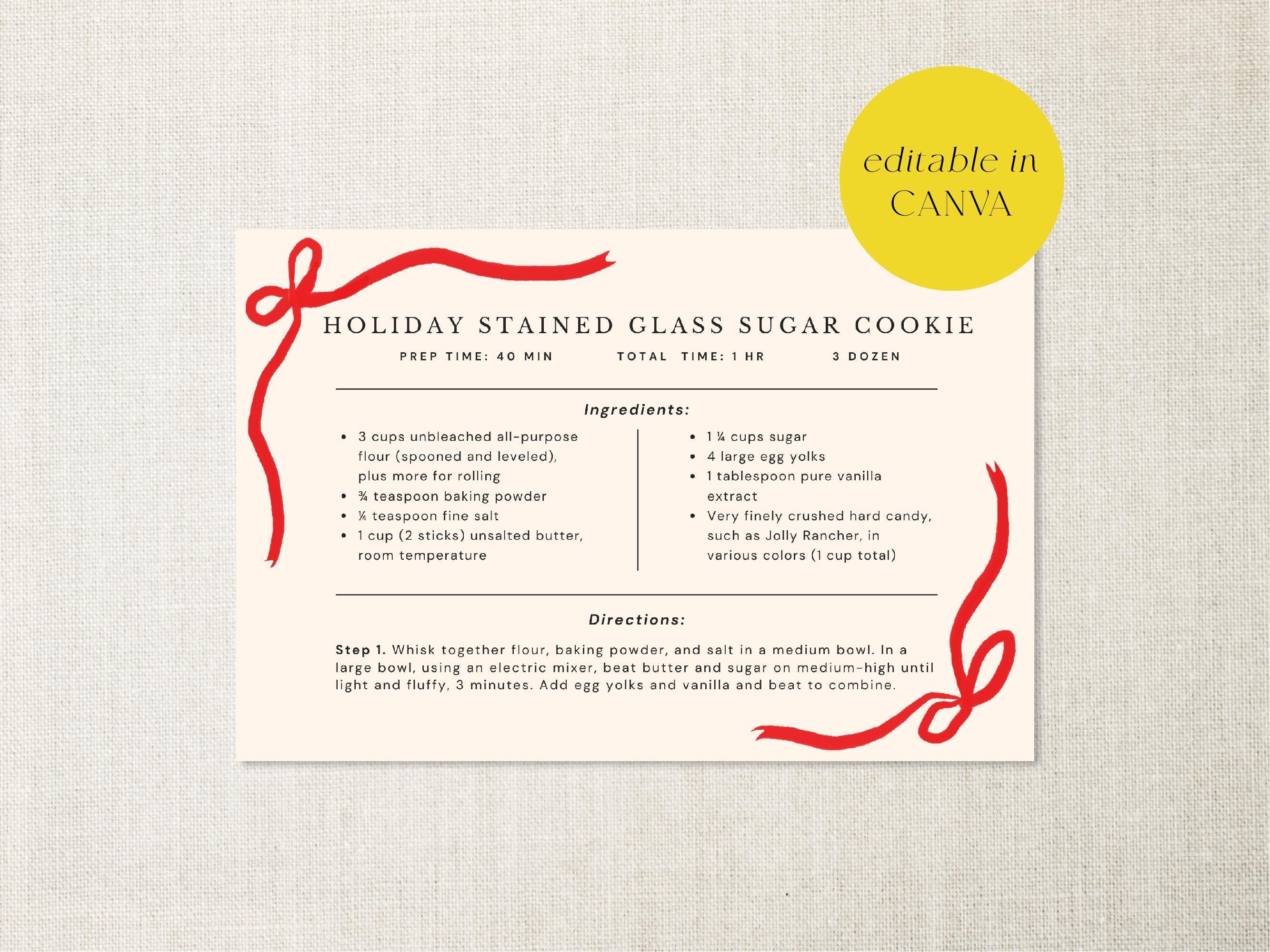EDITABLE Coquette Bow Holiday Modern Recipe Card Template | Minimalist ...