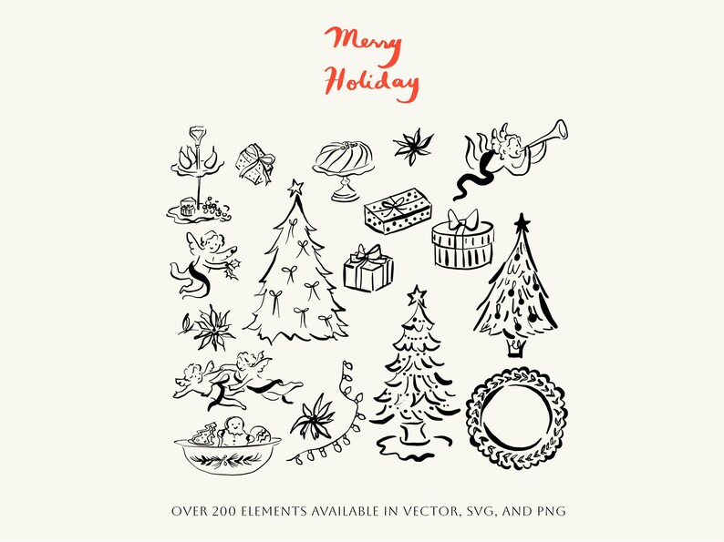 Hand Drawn Lineart Christmas Clipart Bundle, Christmas Invitations ...