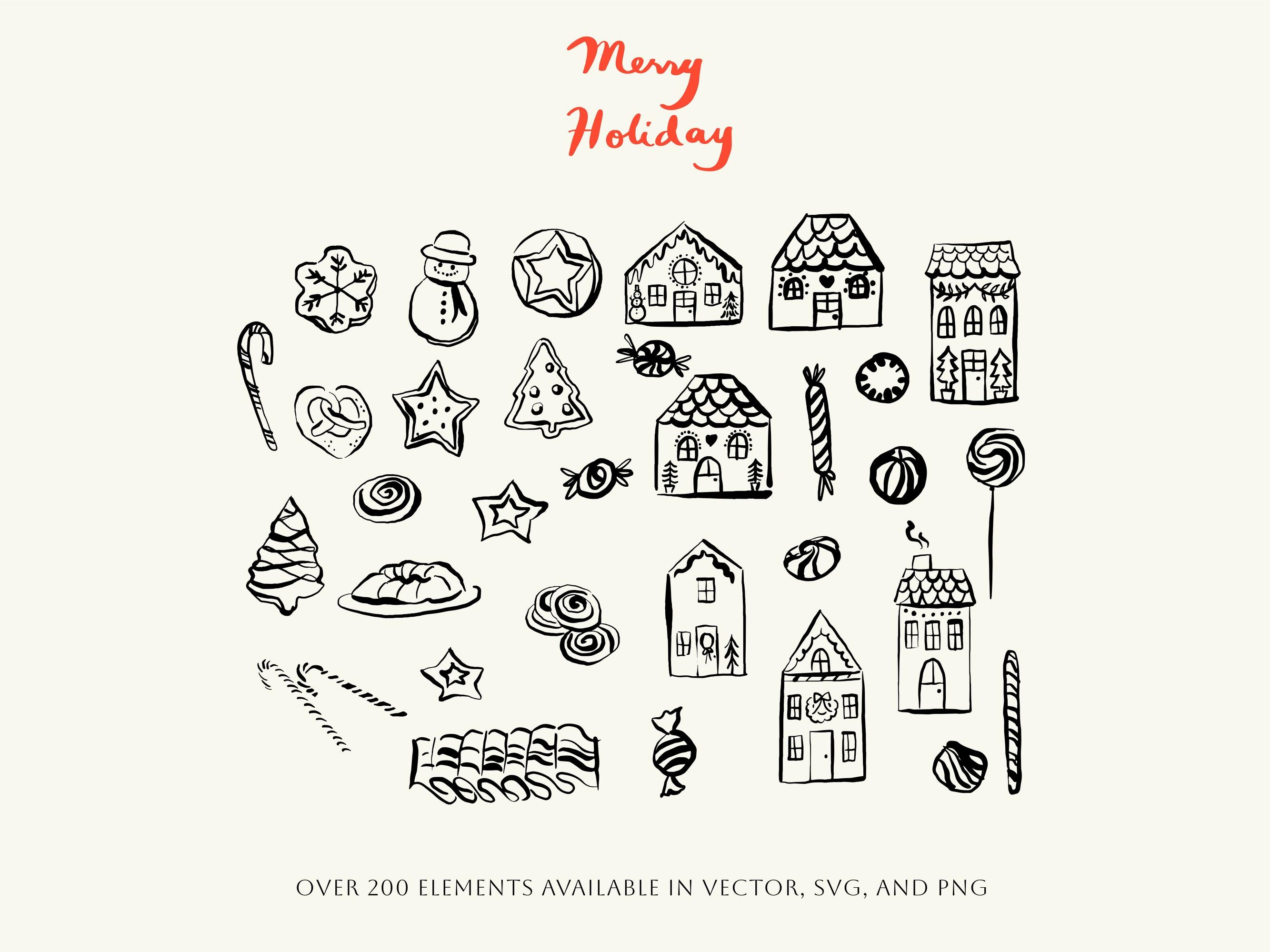 Hand Drawn Lineart Christmas Clipart Bundle, Christmas Invitations ...