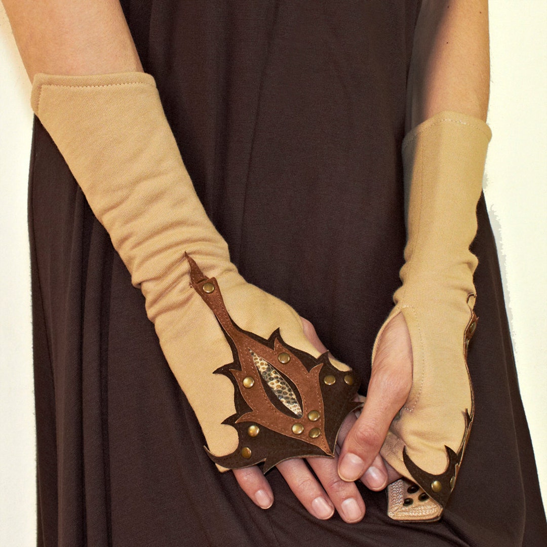 Bohemian Organic Cotton Beige Mitts, Cosplay Fingerless Gloves, Warm ...