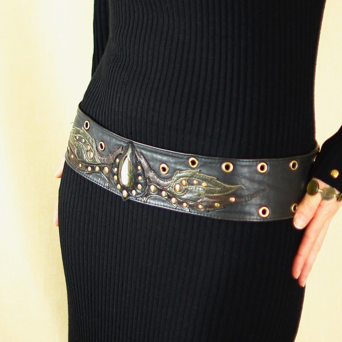 Leather Black Wide Hip Women Belt With Leather Art Applique and ...