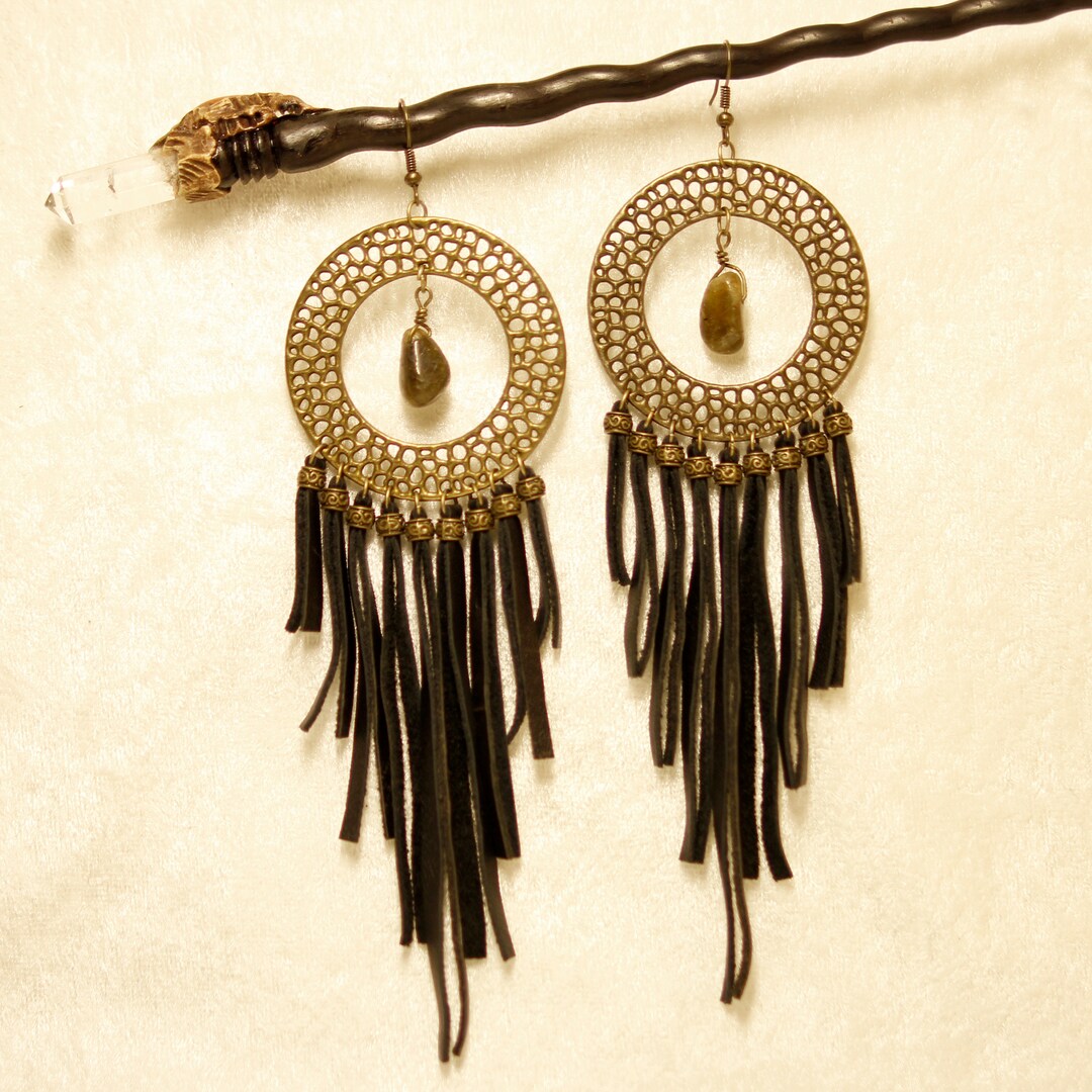 Bohemian Dangle Long Leather Fringe Earrings on the Brass Hoop With ...