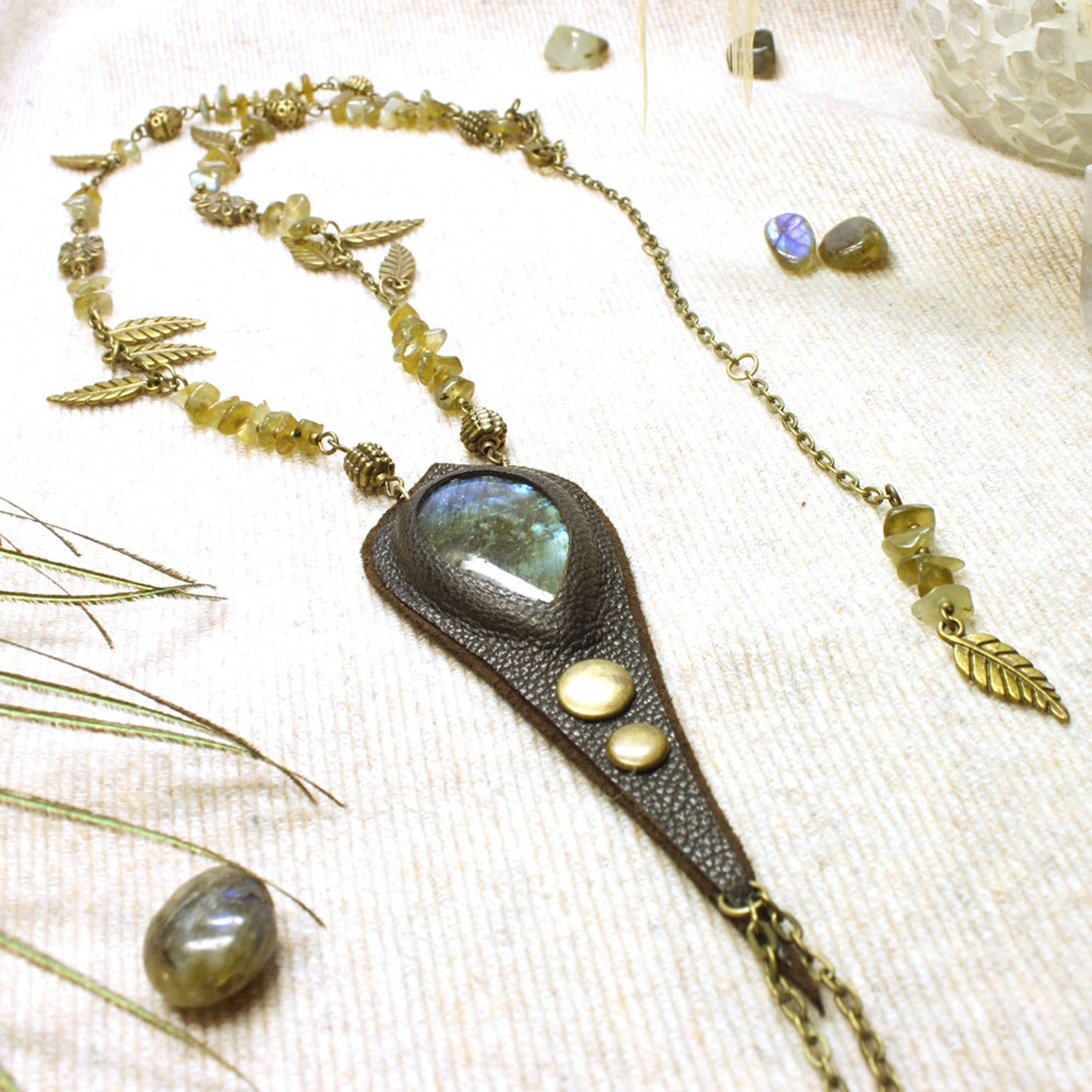 Long Statement Beaded Necklace With Leather Pendant - Etsy