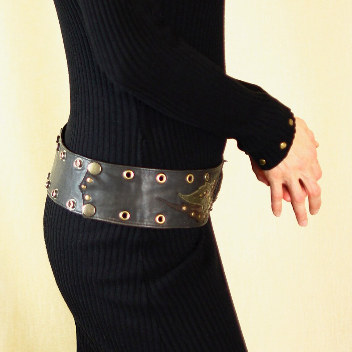 Leather Black Wide Hip Women Belt With Leather Art Applique and ...
