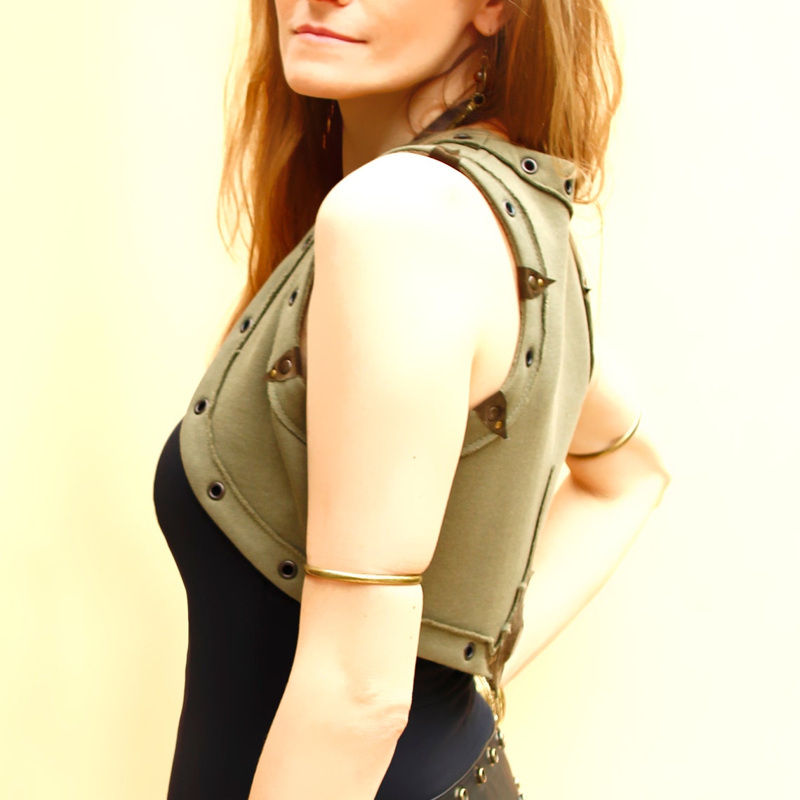 Cotton Shrug Vest Shrug Olive Green Bolero With Leather Art | Etsy