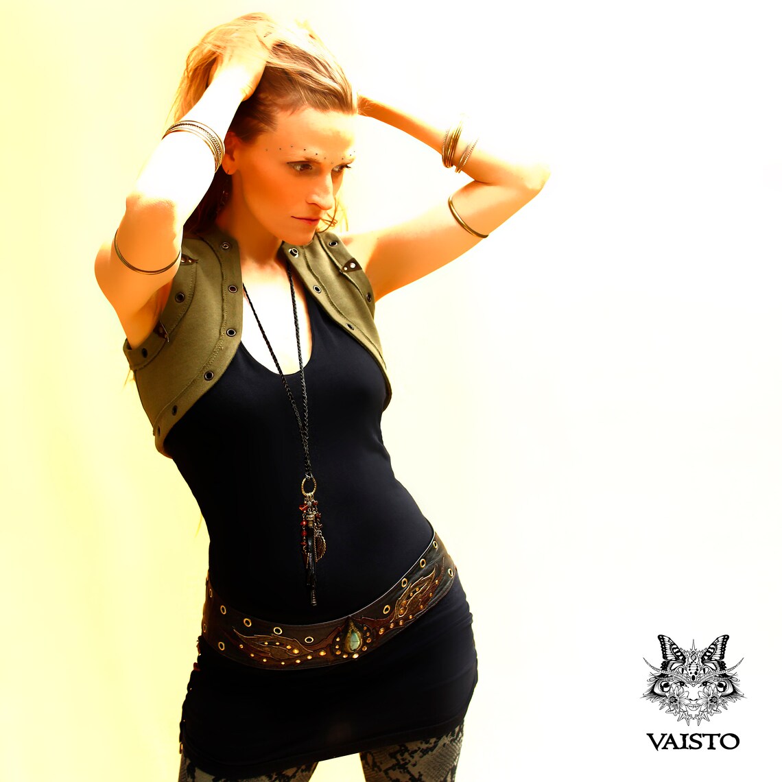 Cotton Shrug Vest Shrug Olive Green Bolero With Leather Art | Etsy