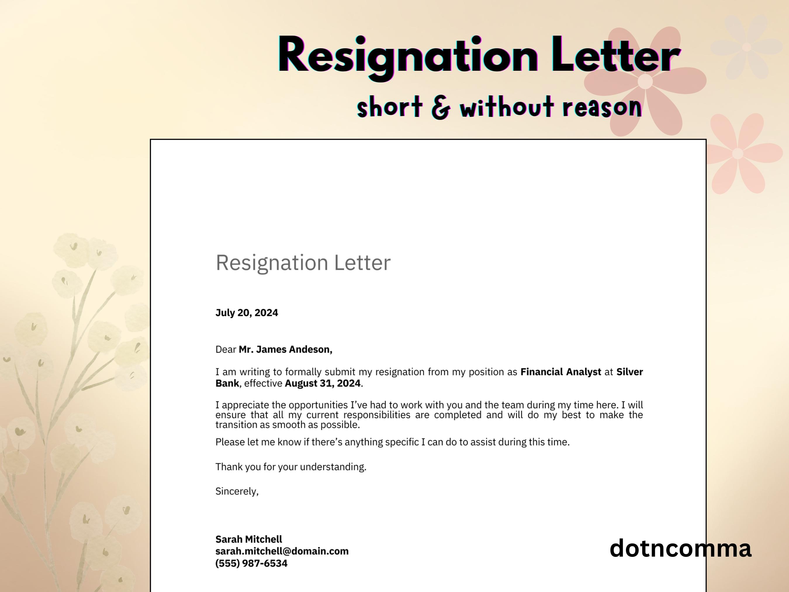 Resignation Letter Without Reason Short Simple Template - Etsy