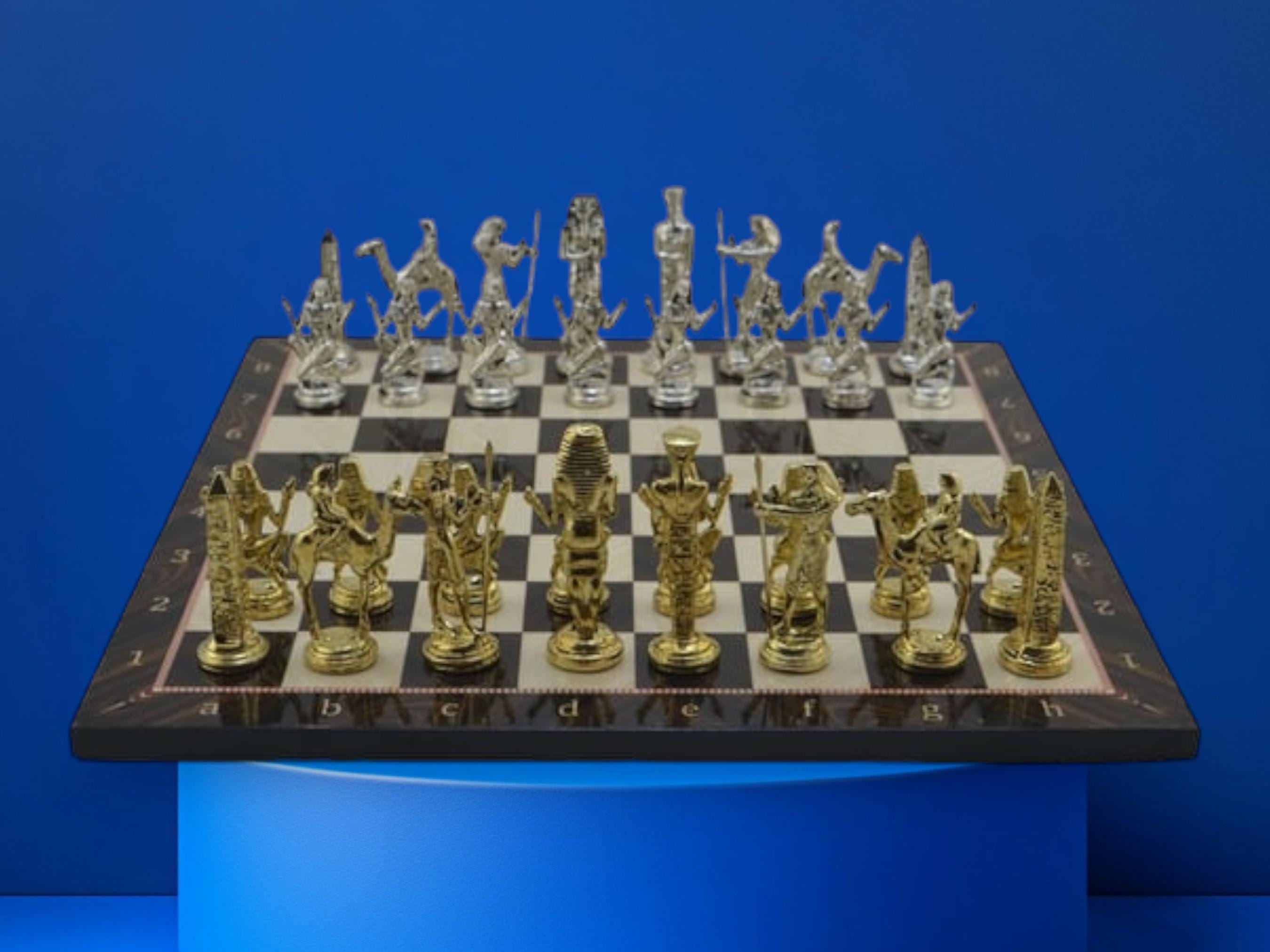 Egyptian Metal Chess Set With Walnut Patterned MDF Wooden Board 37x37 ...