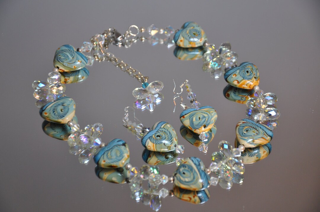 Hand Made Valentine's Day Lampwork Necklace & Earring Set, Blue/tan ...
