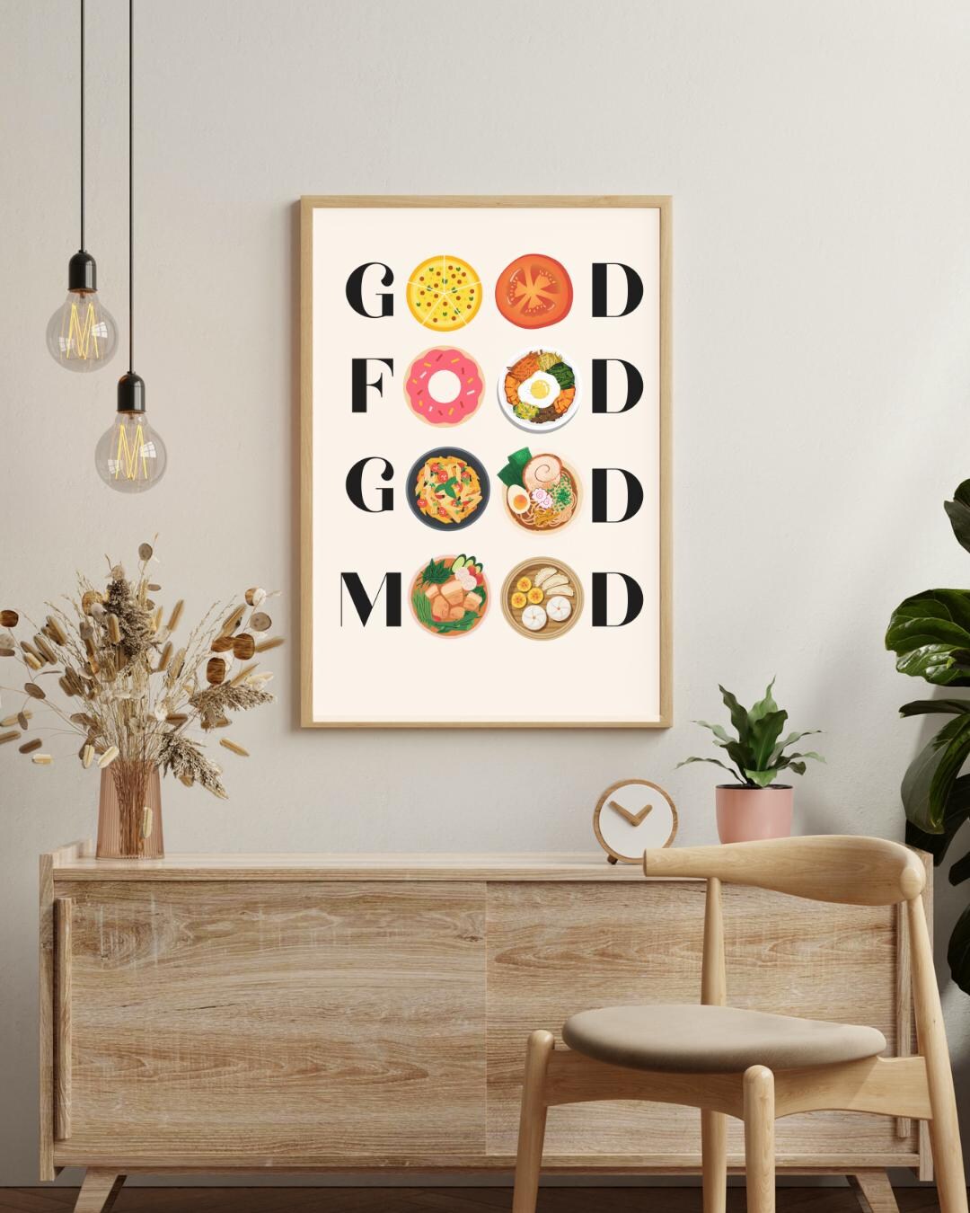 Good Food Good Mood Kitchen Wall Art Poster, Fun Food Illustration ...