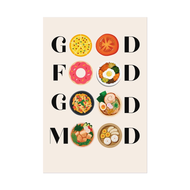 Good Food Good Mood Kitchen Wall Art Poster, Fun Food Illustration ...