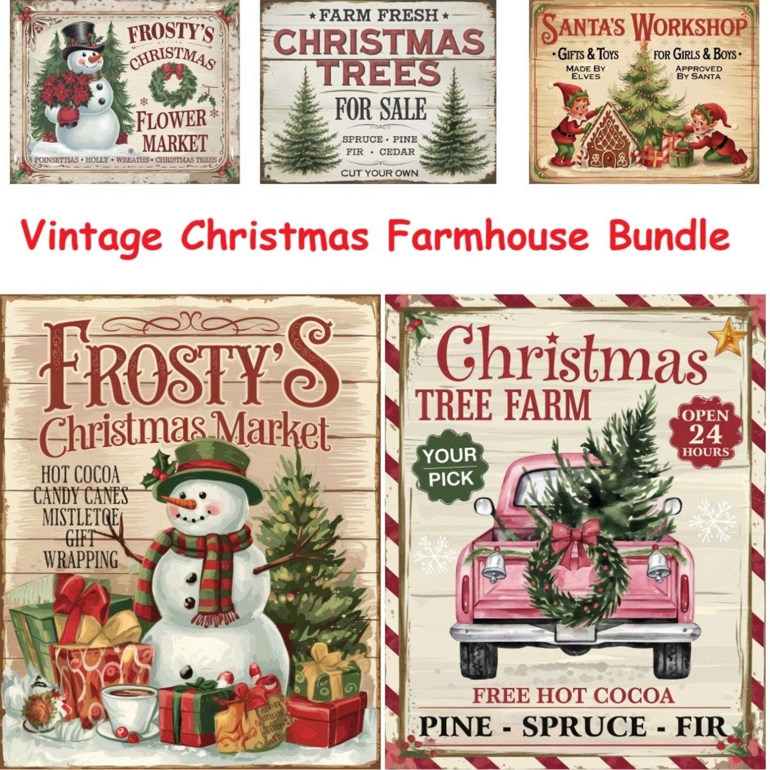 Farmhouse Christmas, Bundle Christmas PNG, Vintage Christmas, Retro ...