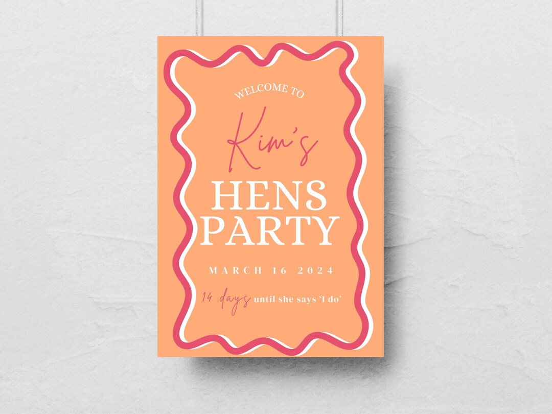 Hens Party Welcome Sign | Orange and Pink Wavy Welcome Sign | Digital ...