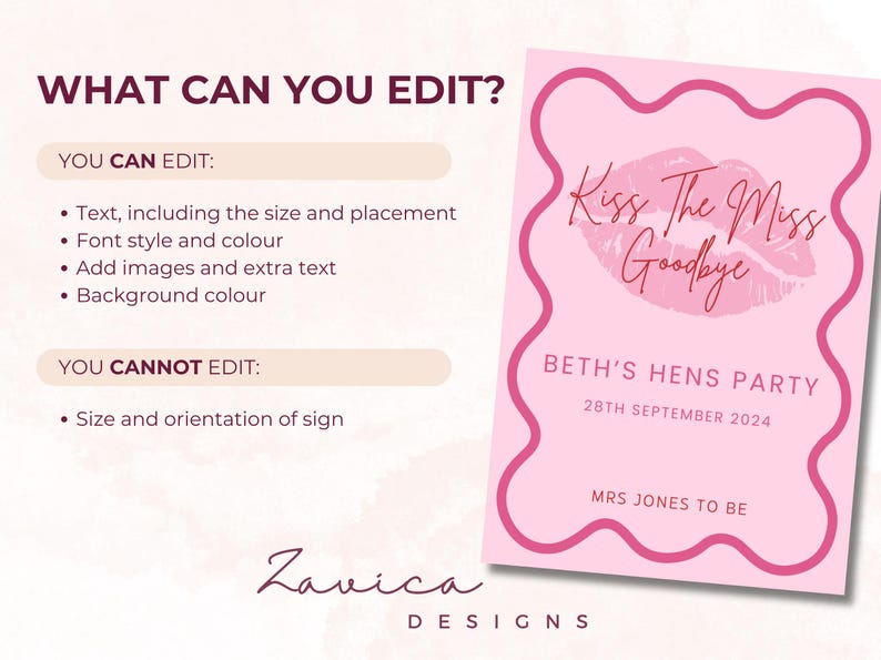 Kiss the Miss Goodbye Hens Party Welcome Sign | Digital Download ...