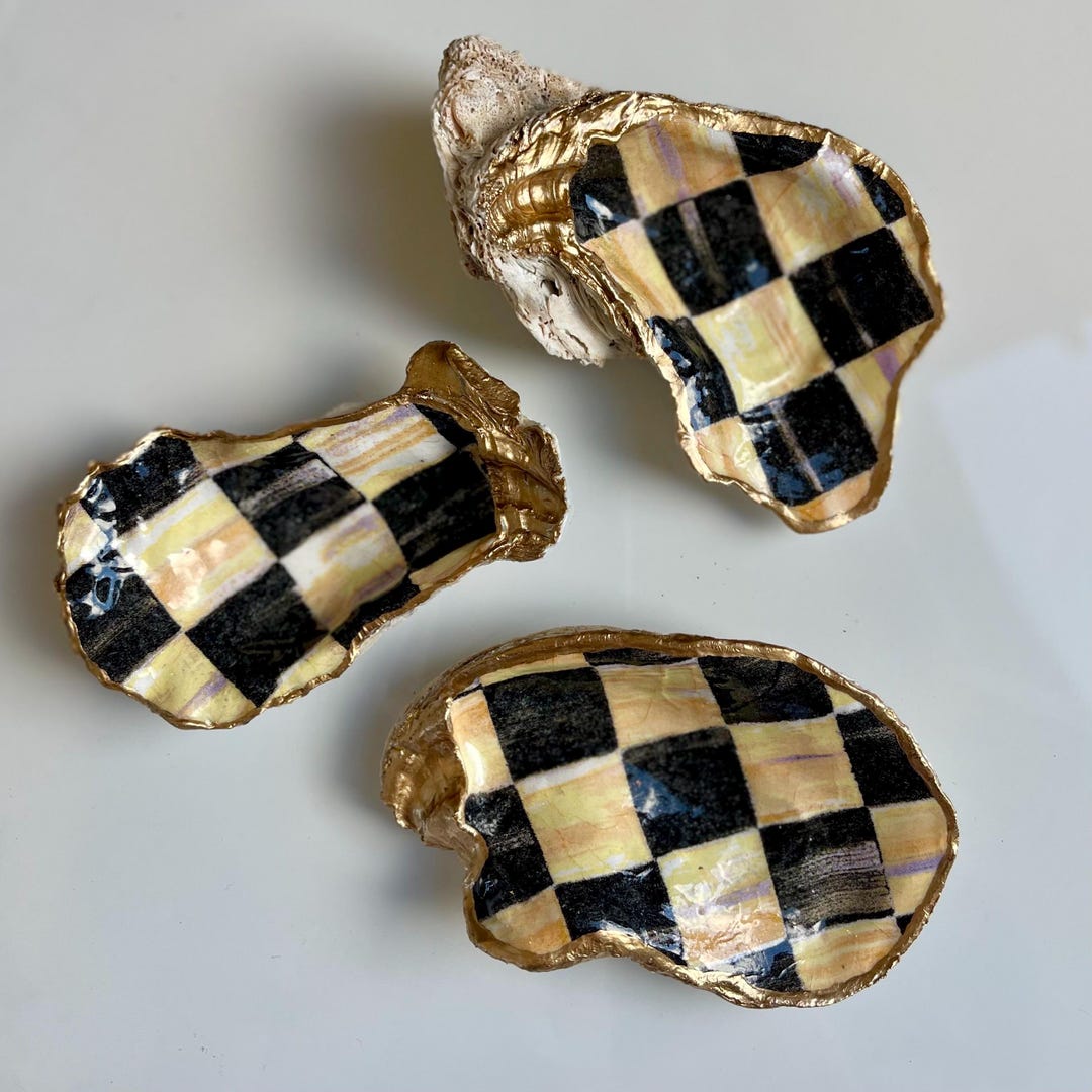 BLACK CHECK Series Large Oyster Shell Decoupaged Trinket Jewelry Dish ...