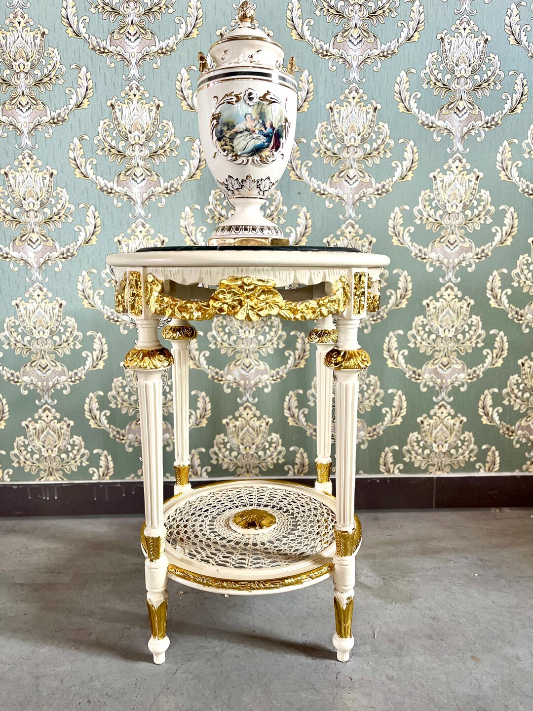 Baroque Style Side Table: White & Gold, Black Marble Top - Etsy