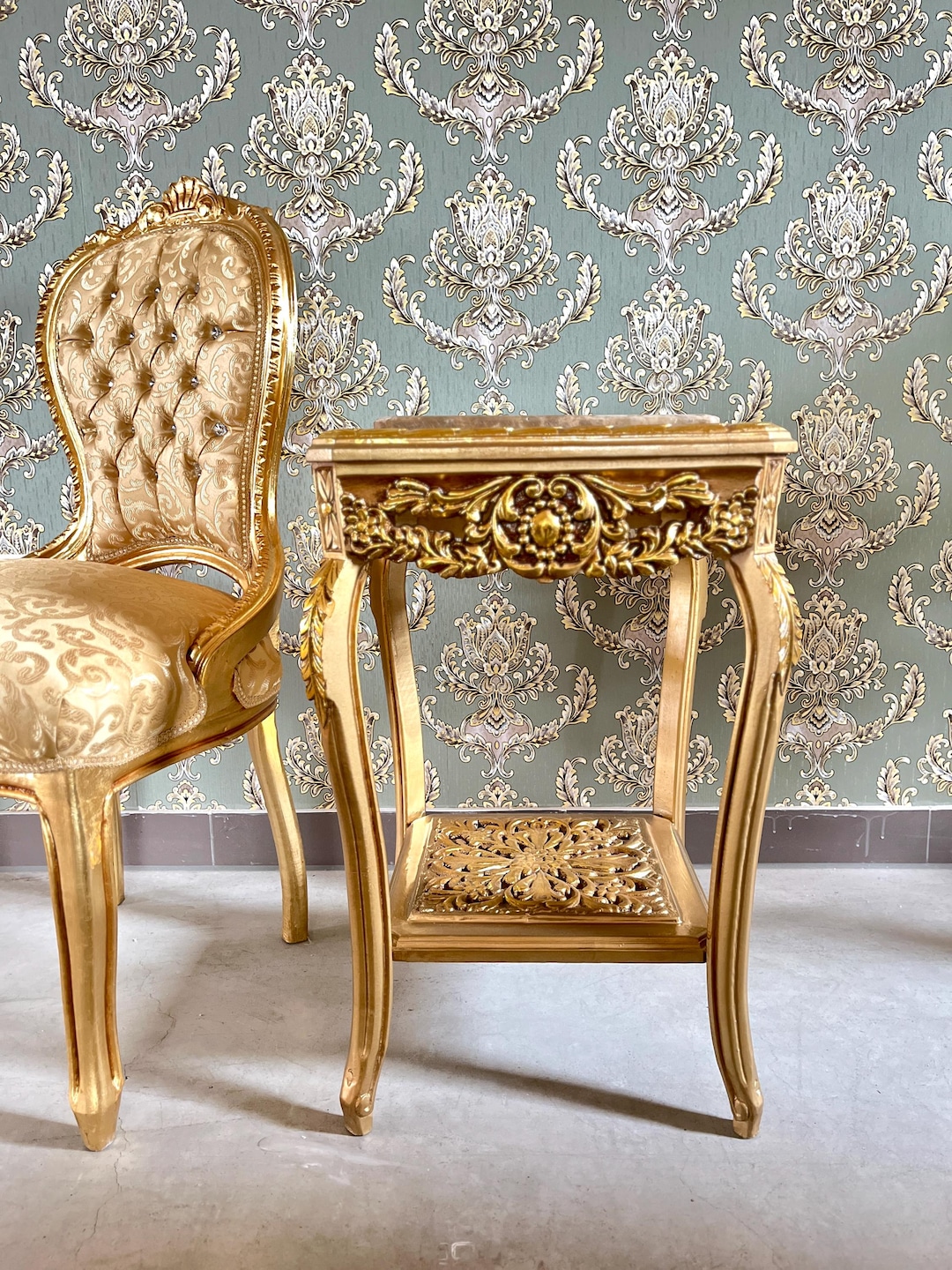 Baroque Marble Top Side Table: Gold/silver Rococo End Table - Etsy