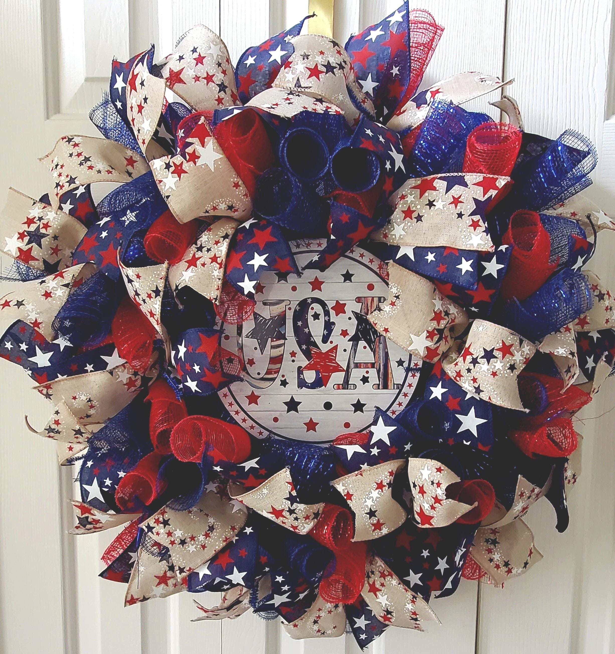 USA Patriotic Wreath, Red White and Blue, Stars, Vintage Look, Large ...