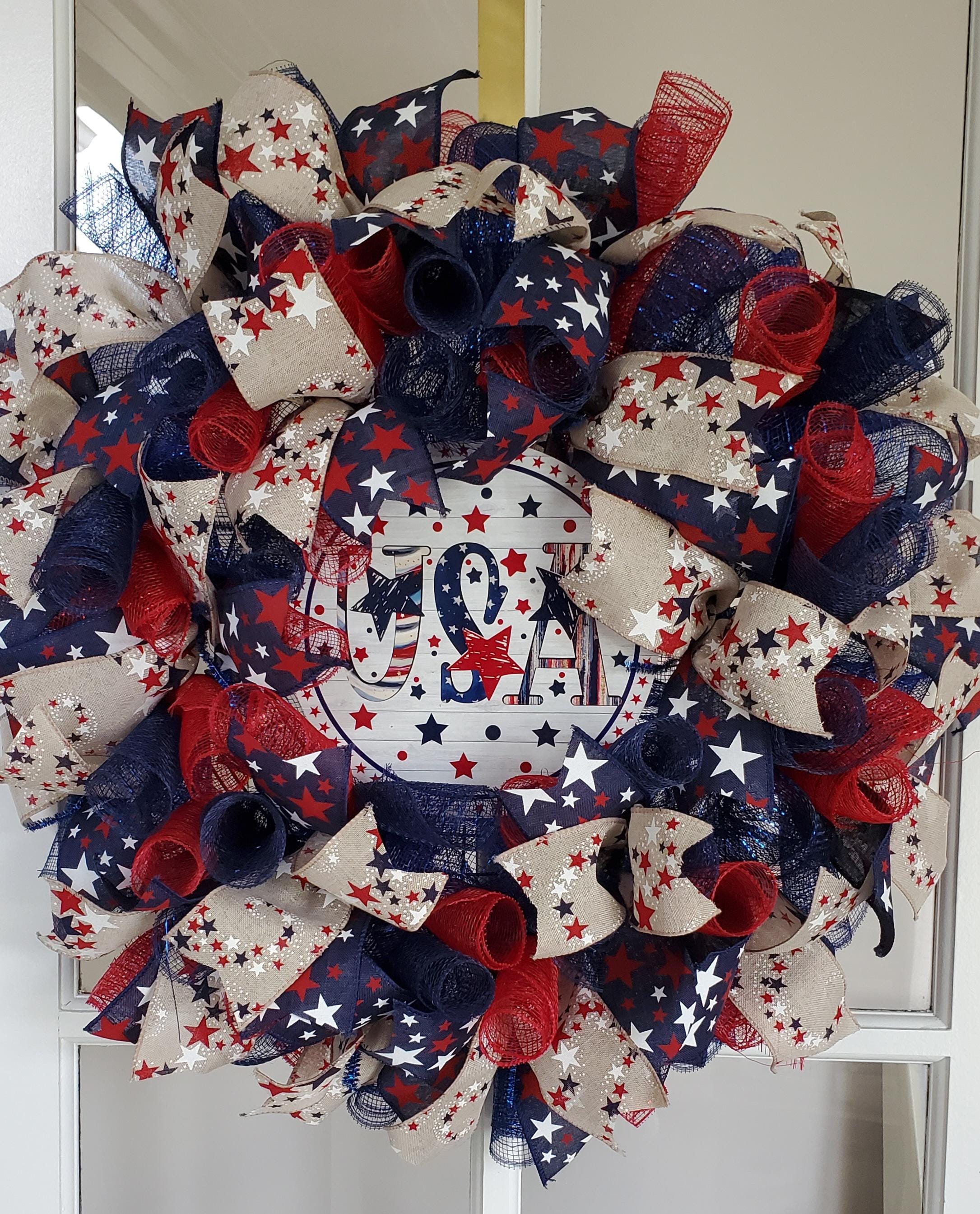 USA Patriotic Wreath, Red White and Blue, Stars, Vintage Look, Large ...