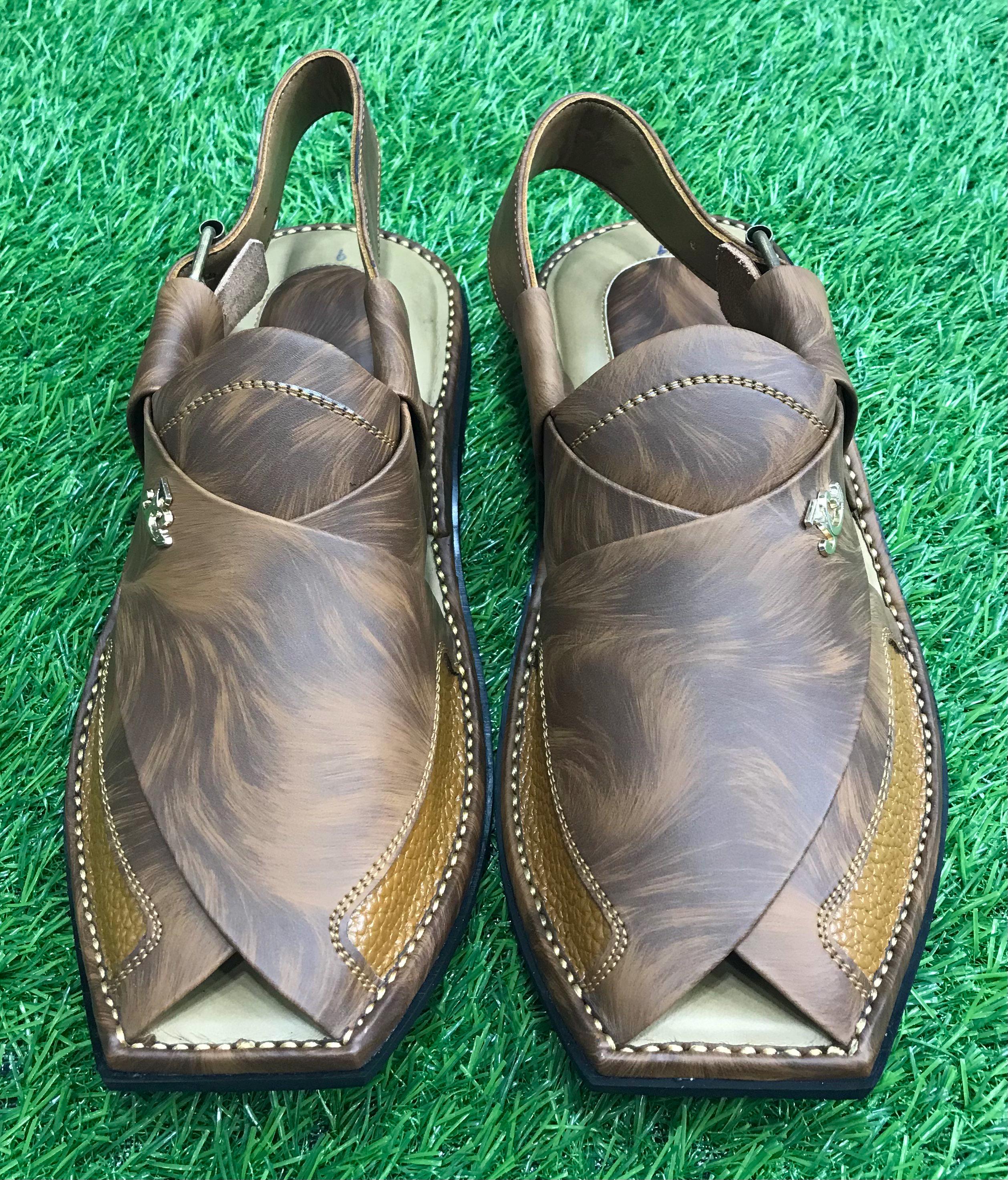 Unique Handmade Leather Peshawari Chappal | Brown & Gold Traditional ...
