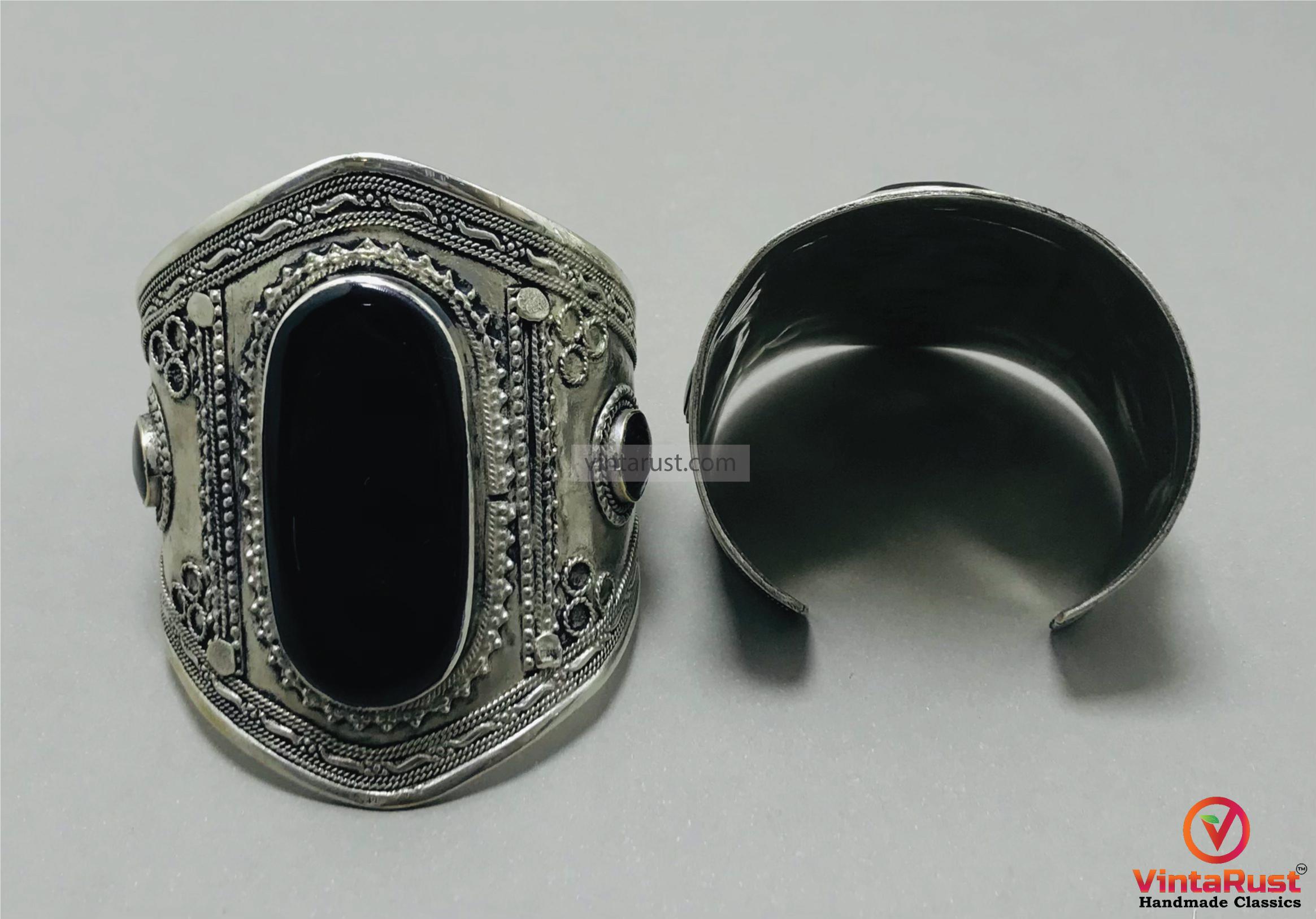 Handcrafted Black Onyx Stone Bracelet | Vintage Tribal Boho Cuff ...
