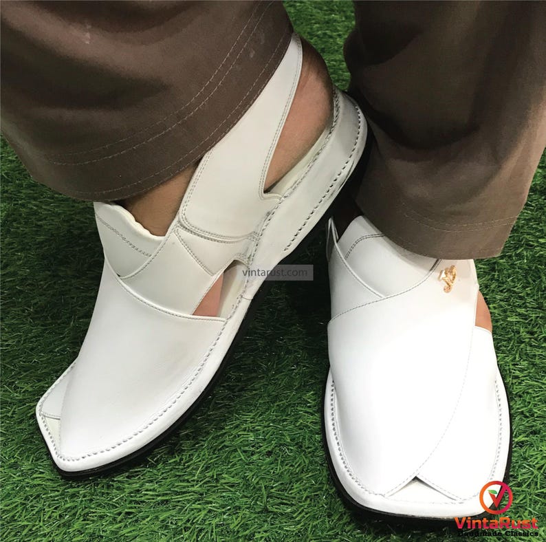 Handmade White Peshawari Chappal | Traditional Leather Men's Sandals ...